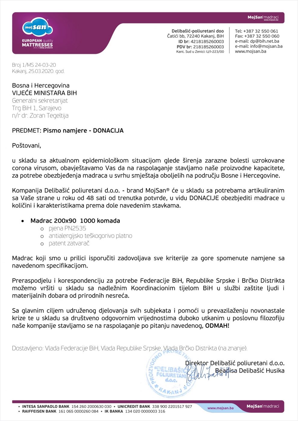 PREDMET - Pismo namjere DONACIJA - Zenicablog