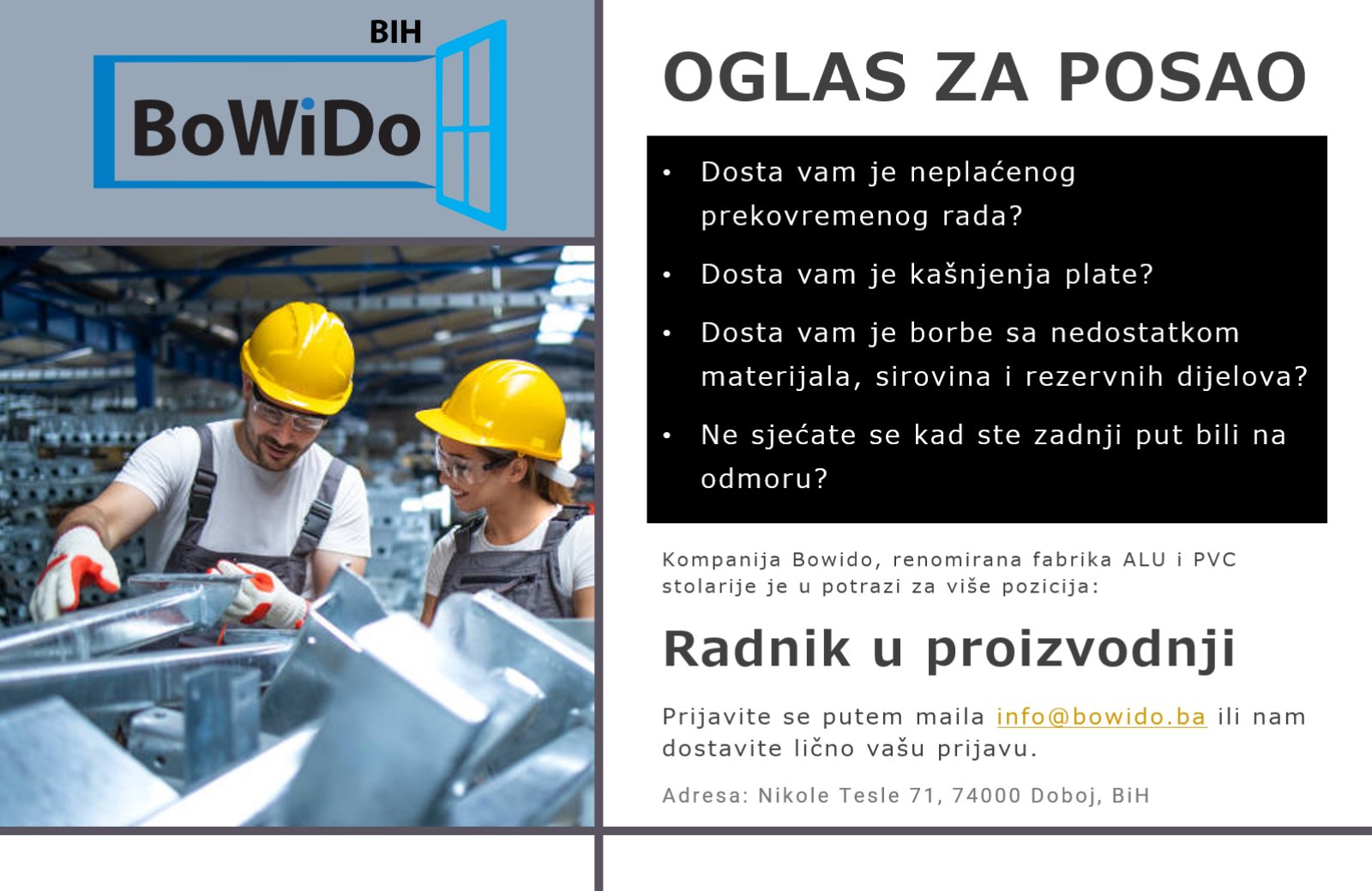 Oglas za posao: Bravar/varilac, CNC operateri i radnici na montaži i ...