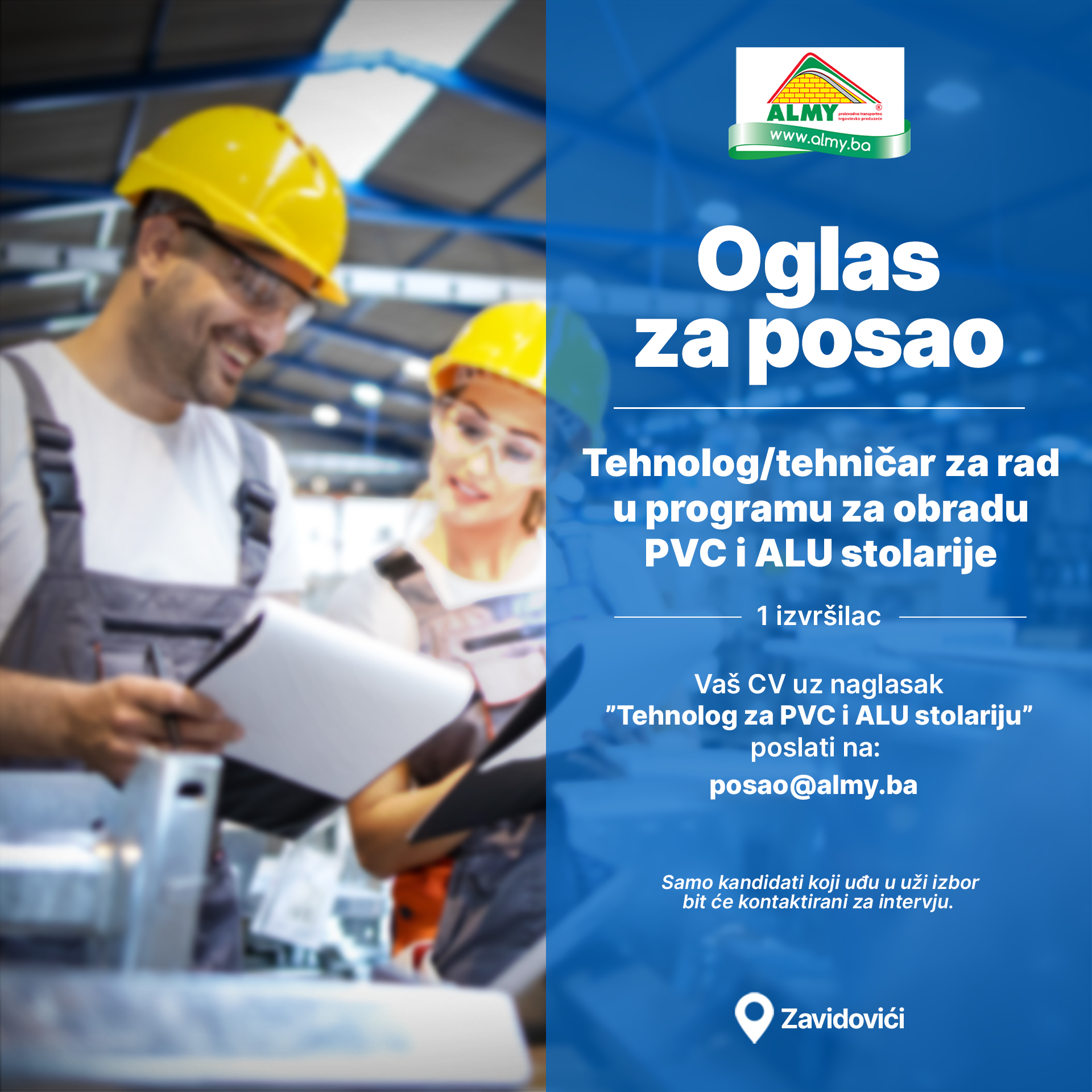 Oglas za posao: Tehnolog/tehničar za rad u programu za obradu PVC i ALU ...