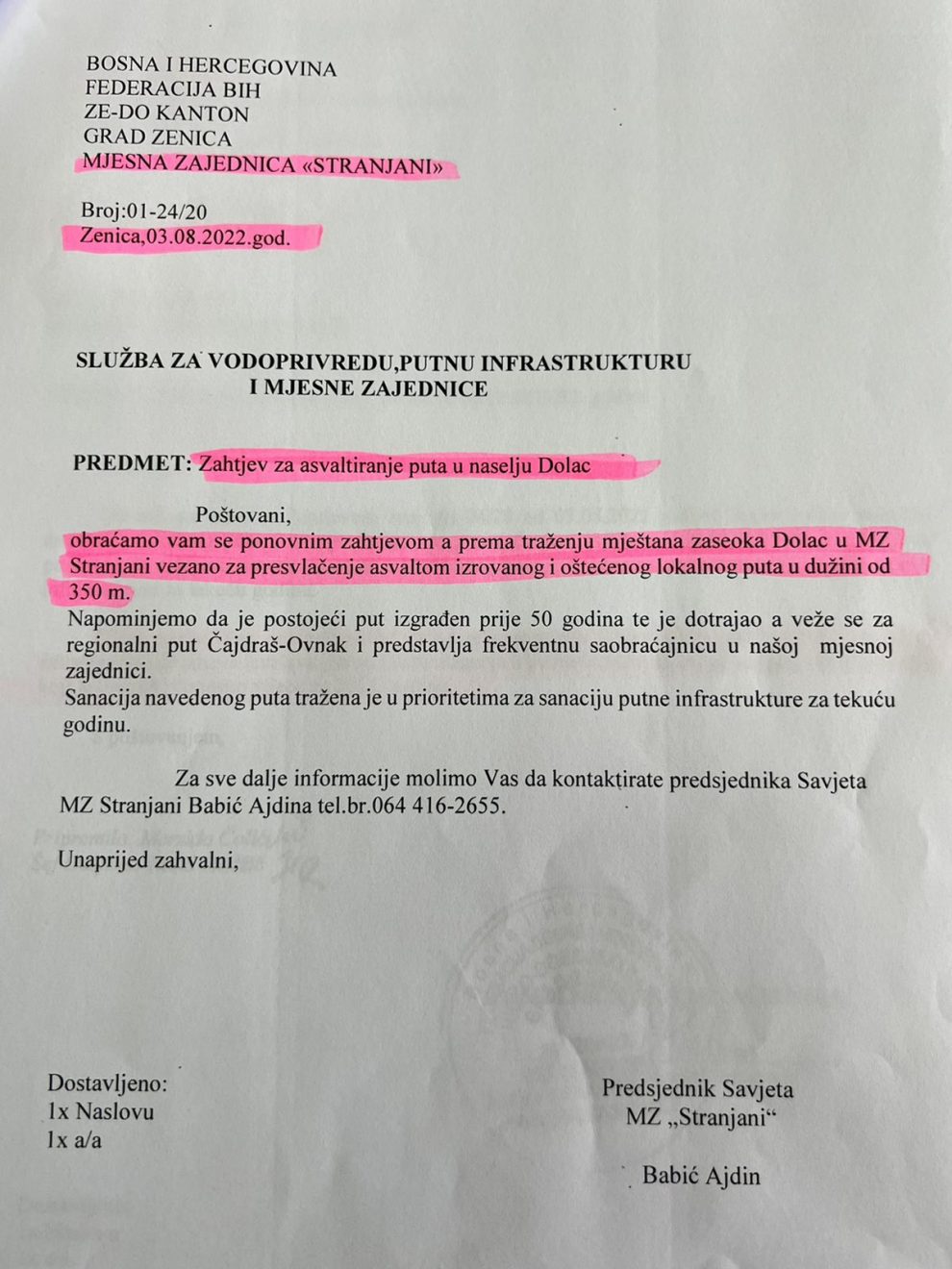 MZ STRANJANI - ZAHTJEV ZA ASFALTIRANJE PUTA - Zenicablog