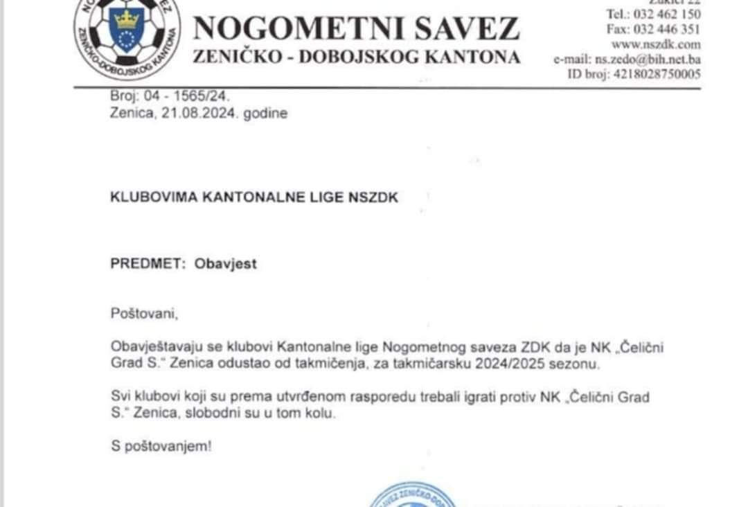 NK „Čelični Grad“ odustao od takmičenja u narednoj sezoni Kantonalne ...