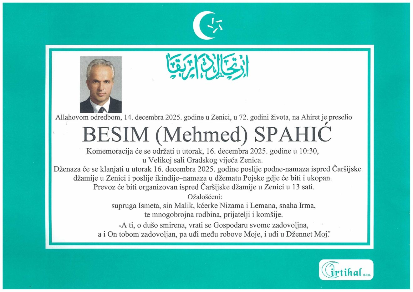 Poznat termin komemoracije i dženaze bivšem načelniku Zenice Besimu ...